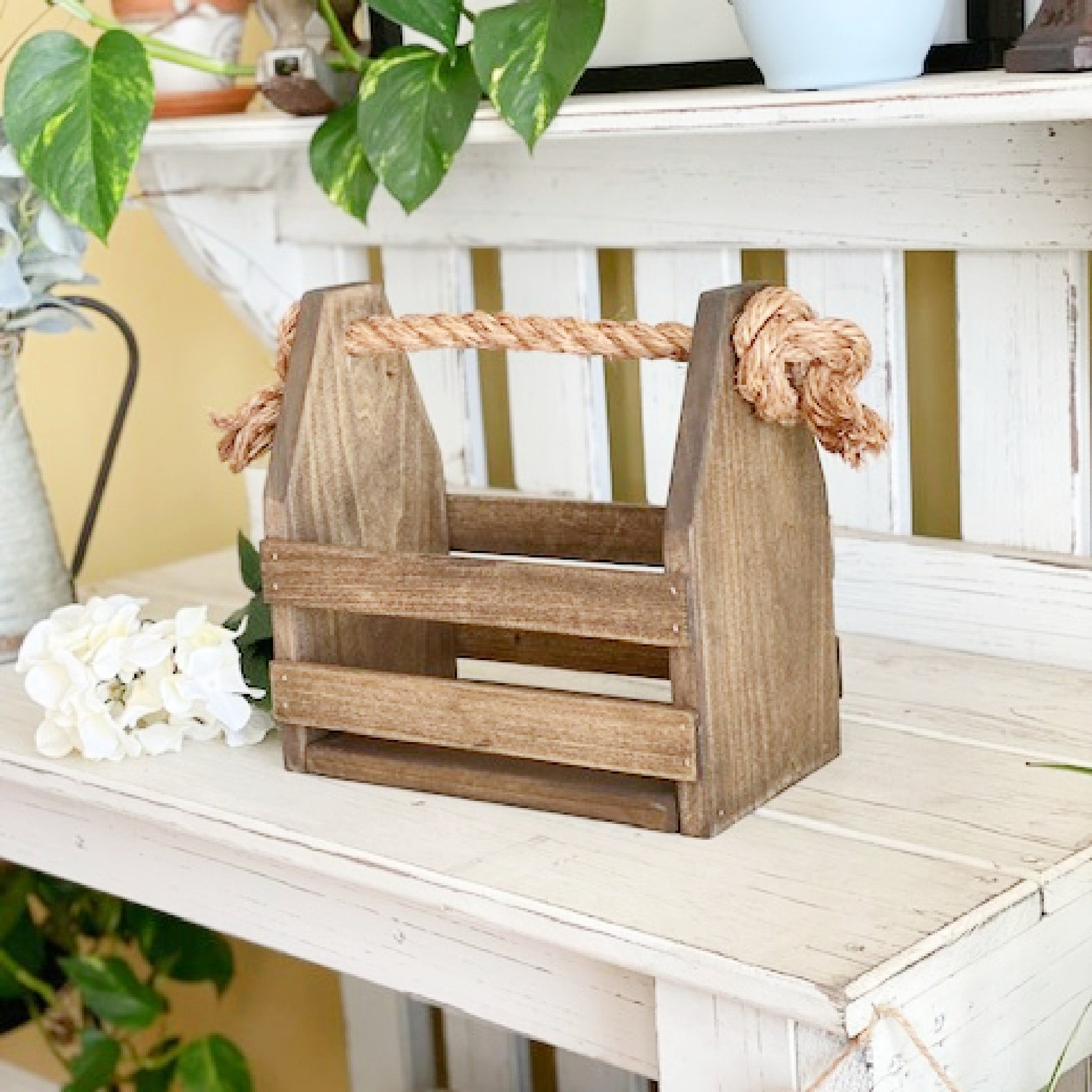Solid Wood Caddy, Antique Style Tool Box With Rope Handle, Farmhouse ...