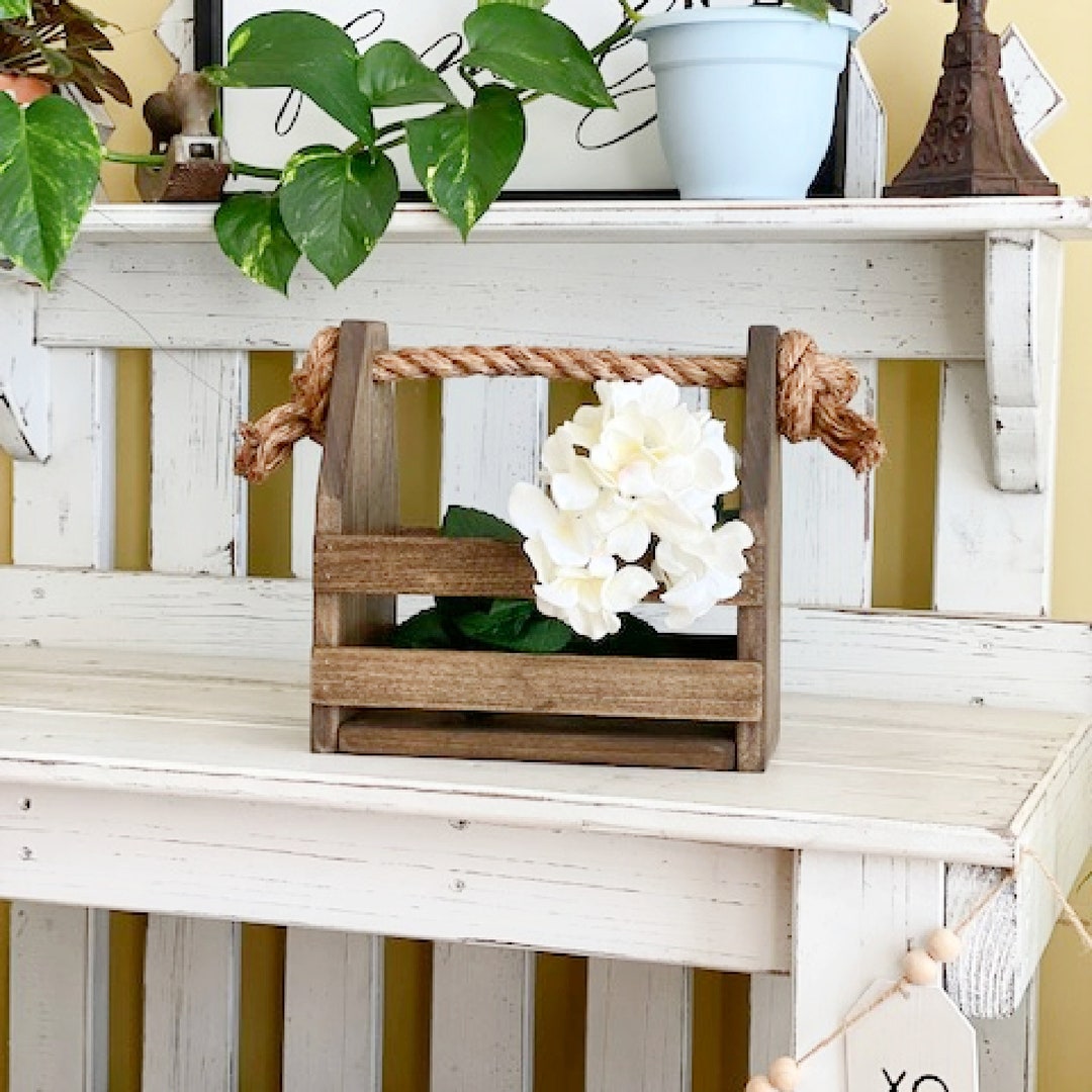 Solid Wood Caddy, Antique Style Tool Box With Rope Handle, Farmhouse ...