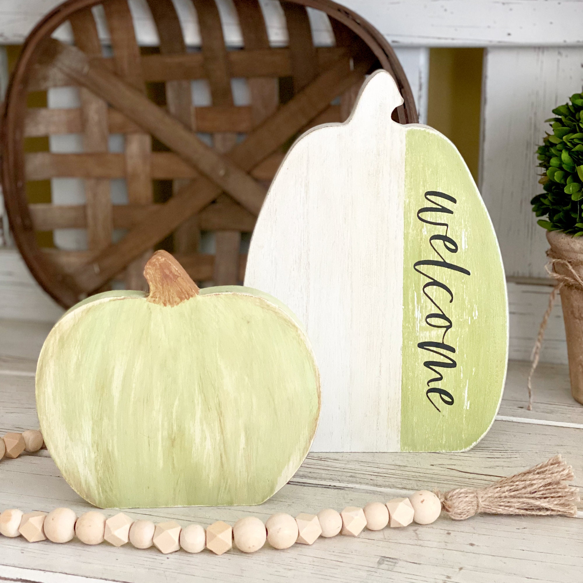 Farmhouse Welcome Wood Pumpkins, Hand Painted Green, White, Black ...