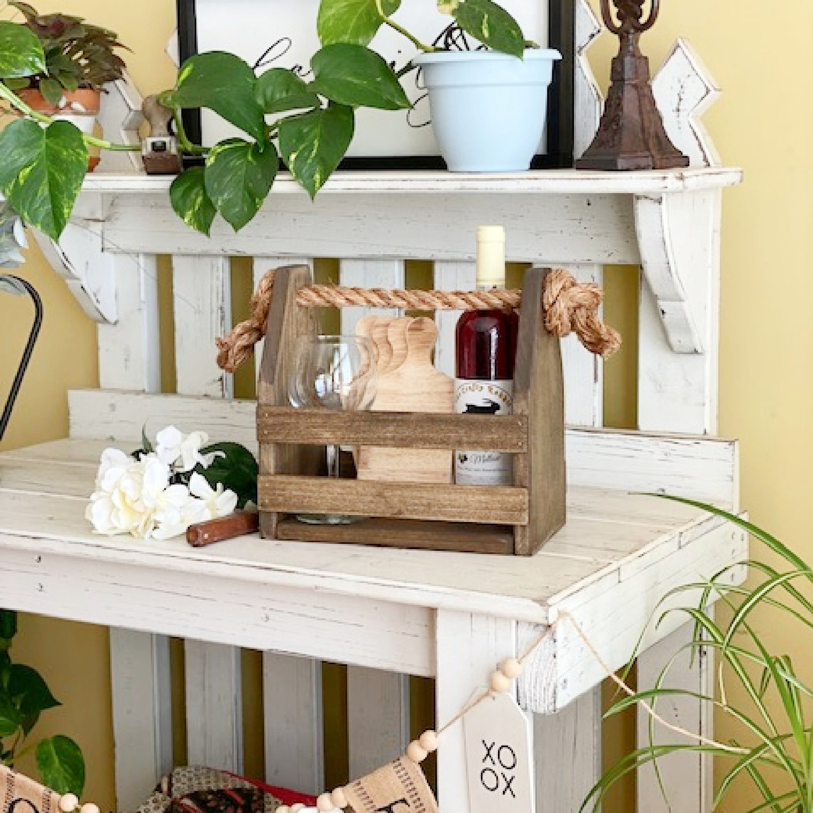 Solid Wood Caddy, Antique Style Tool Box With Rope Handle, Farmhouse ...
