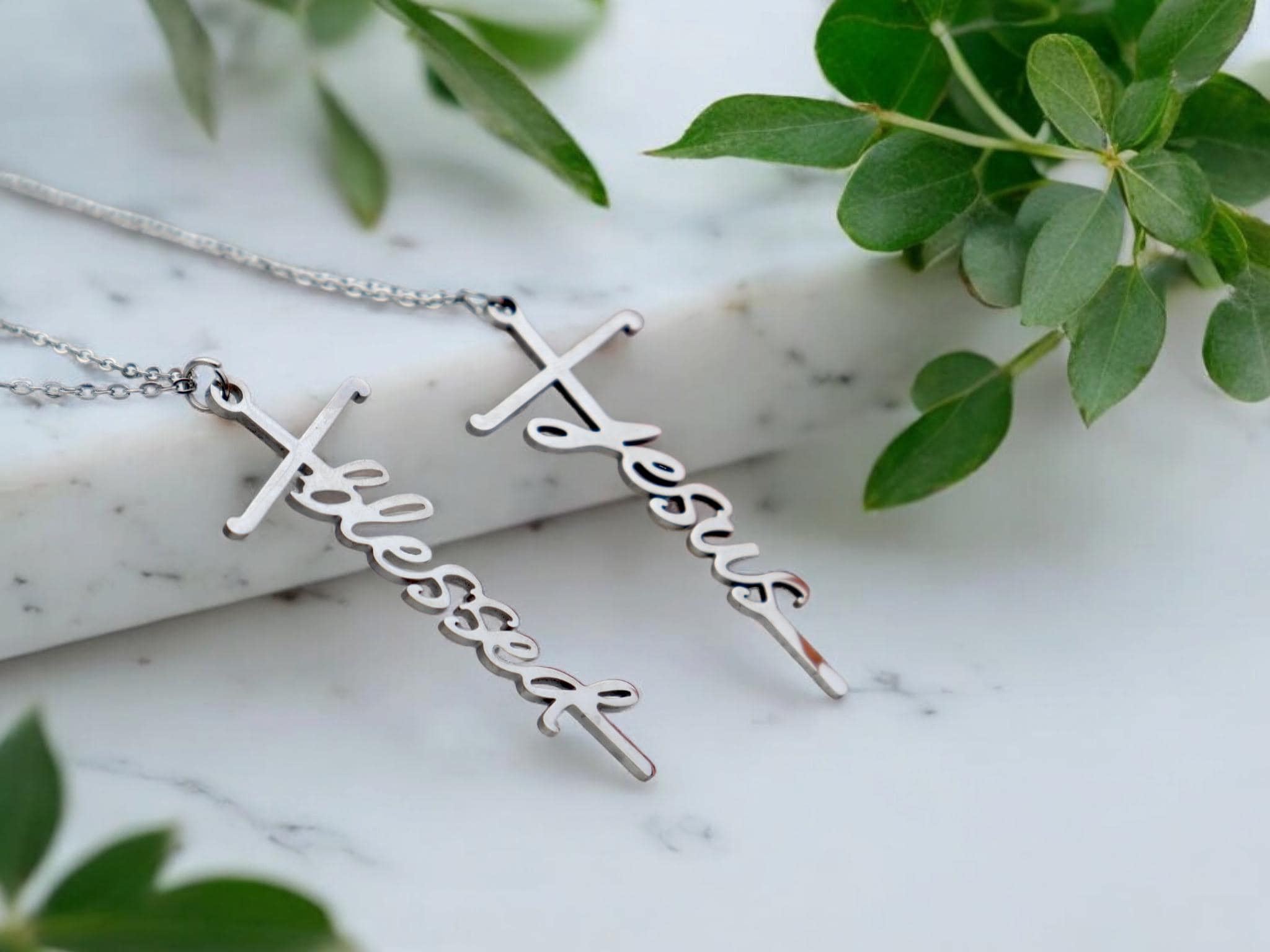 Cursive "blessed & Jesus" Cross Necklace - Etsy
