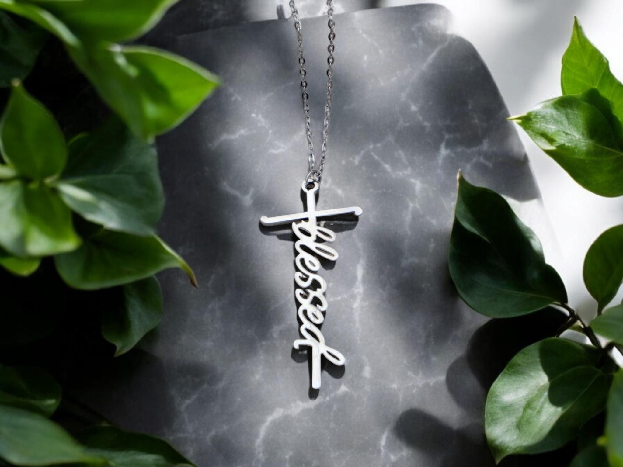 Cursive "blessed & Jesus" Cross Necklace - Etsy