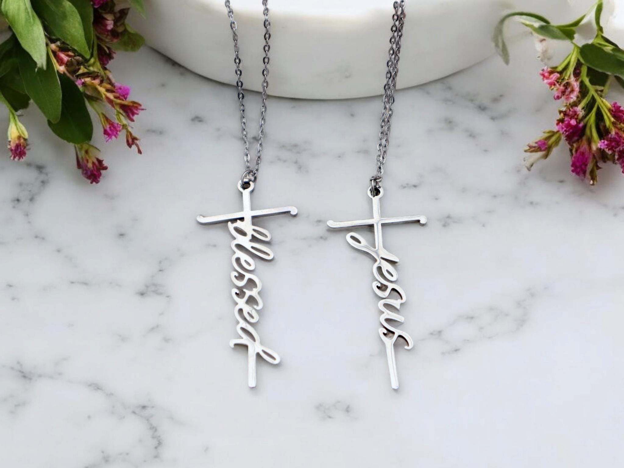 Cursive "blessed & Jesus" Cross Necklace - Etsy
