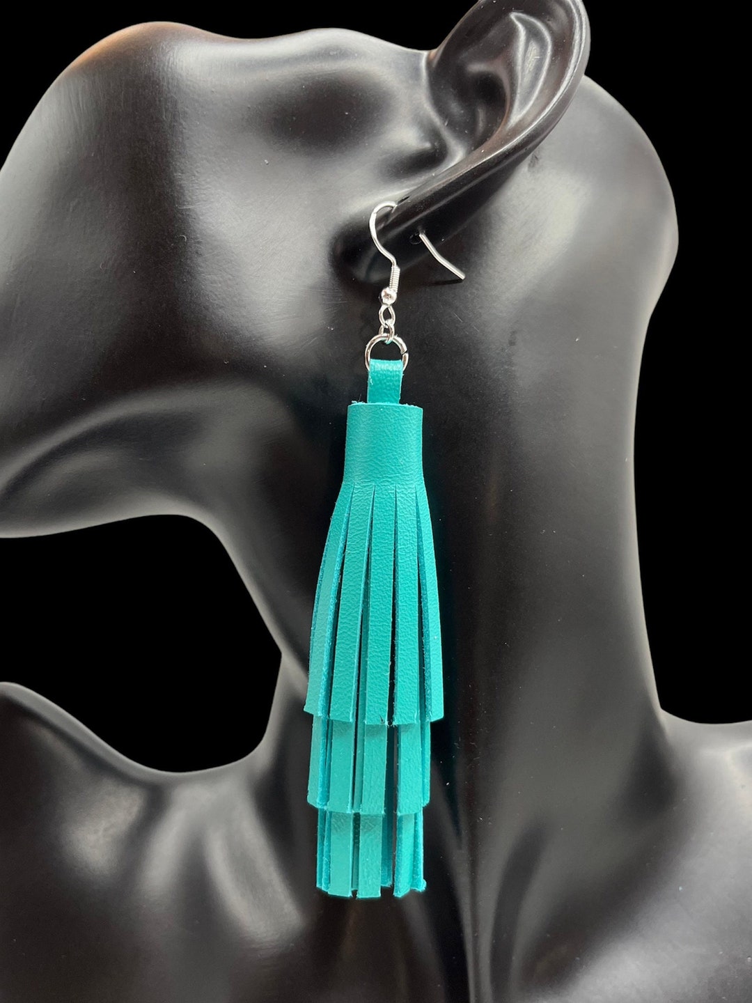 Fringe Teal Tassel Genuine Leather Earrings, Turquoise Fringe Earrings ...
