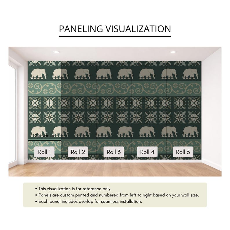 Green Elephant Motif Wallpaper Traditional Inspired Pattern Removable ...