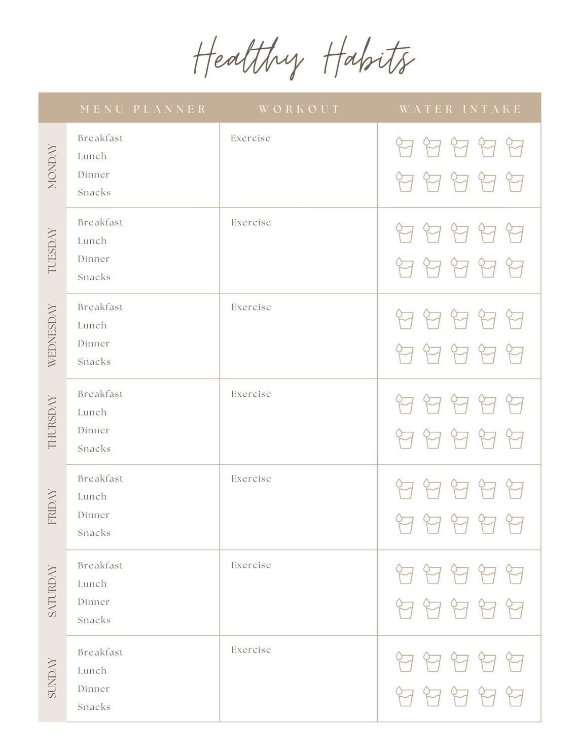 Weekly Planner Healthy Habits Exercise Tracker Printable - Etsy