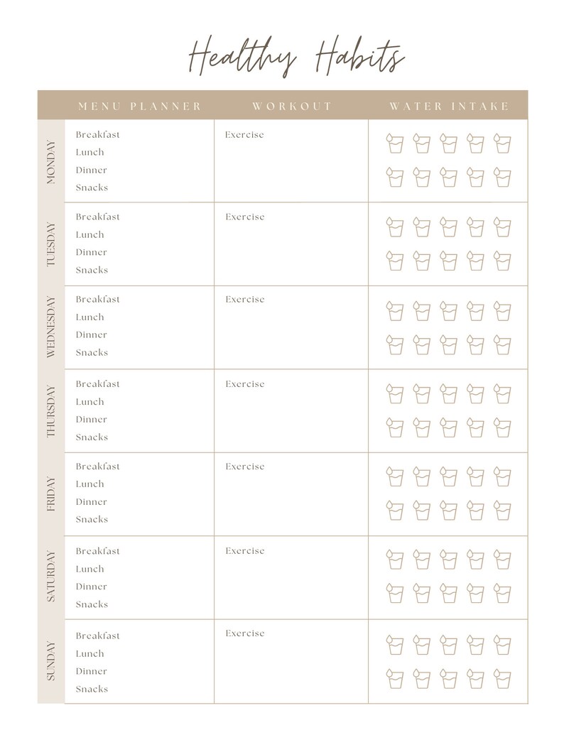 Weekly Planner Healthy Habits Exercise Tracker Printable - Etsy
