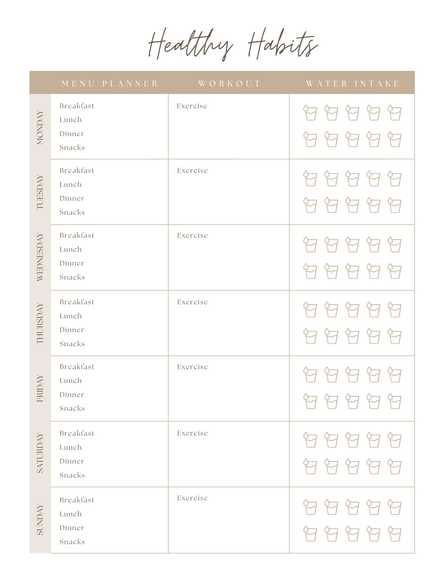 Weekly Planner Healthy Habits Exercise Tracker Printable - Etsy