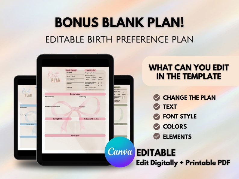 Editable Birth Plan Template, Printable Birthing Plan Bundle, Pregnancy ...