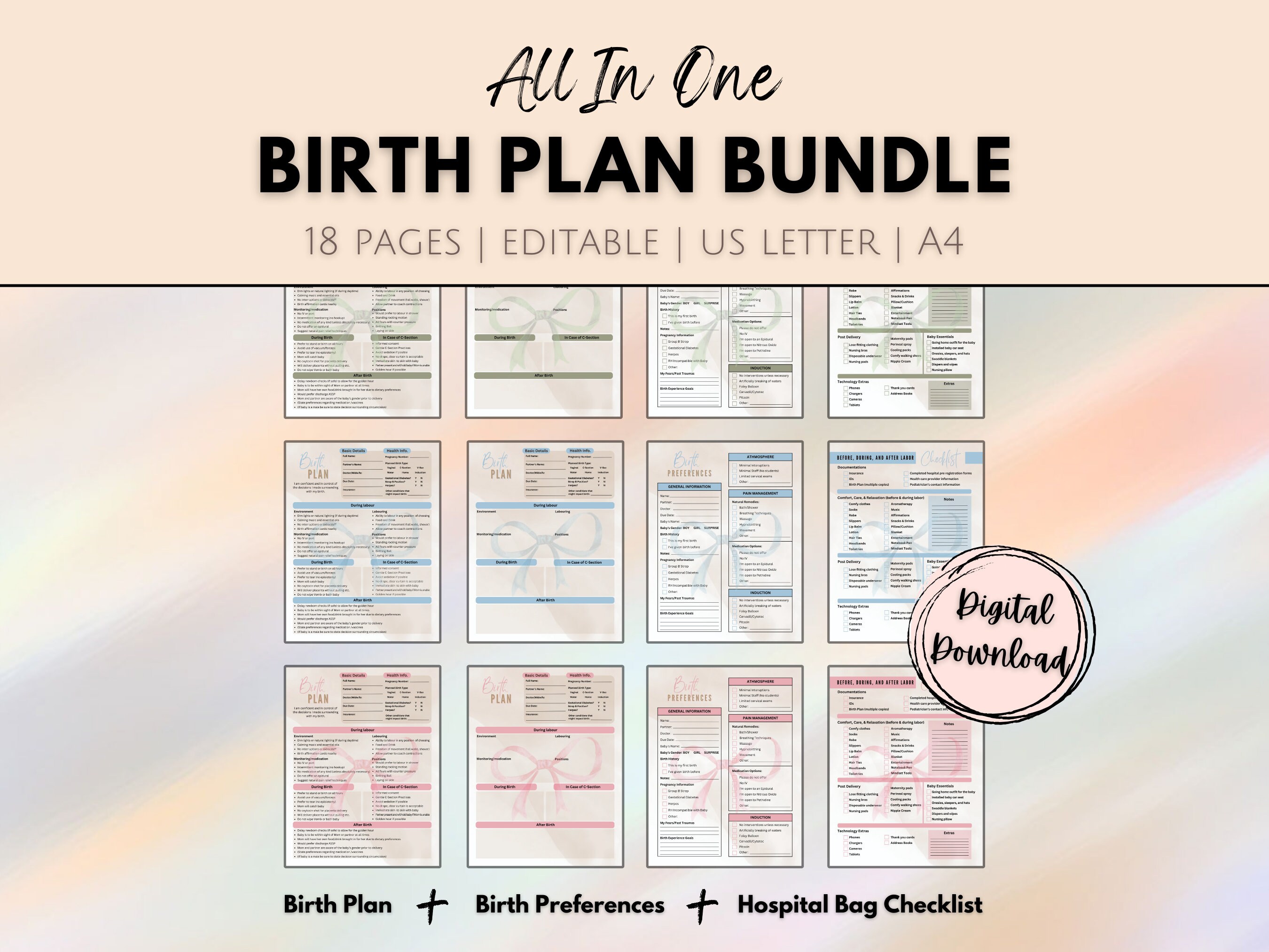 Editable Birth Plan Template, Printable Birthing Plan Bundle, Pregnancy ...