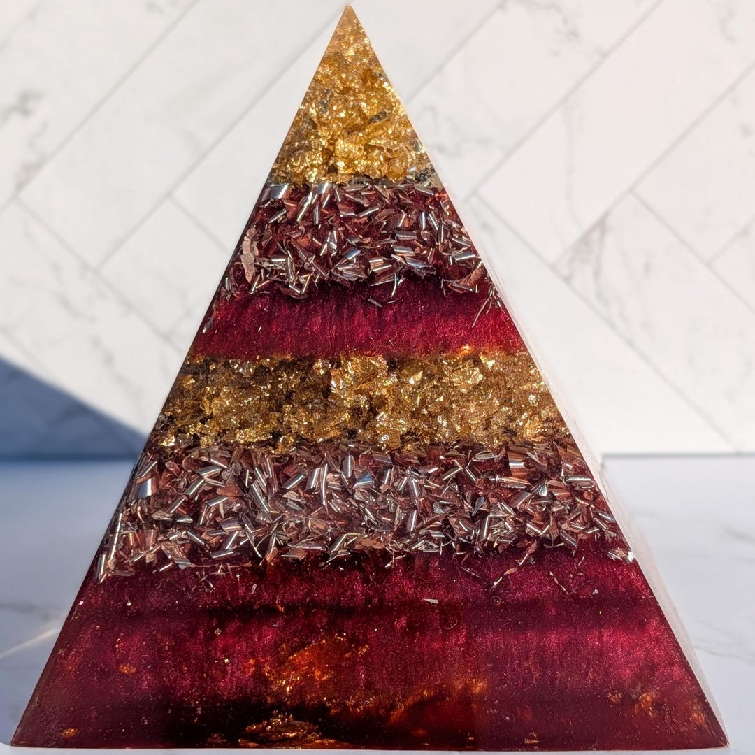 Red Gold Orgonite Pyramid 5” – Quartz Resin Pyramid, EMF Decor, Orgone ...