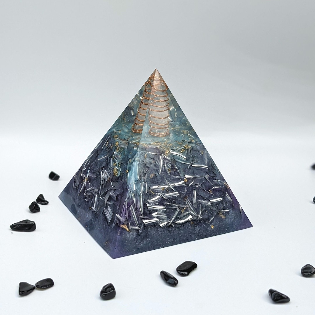Real Orgonite Pyramid - Blue Gold Resin Crystals - Gift for Meditation ...