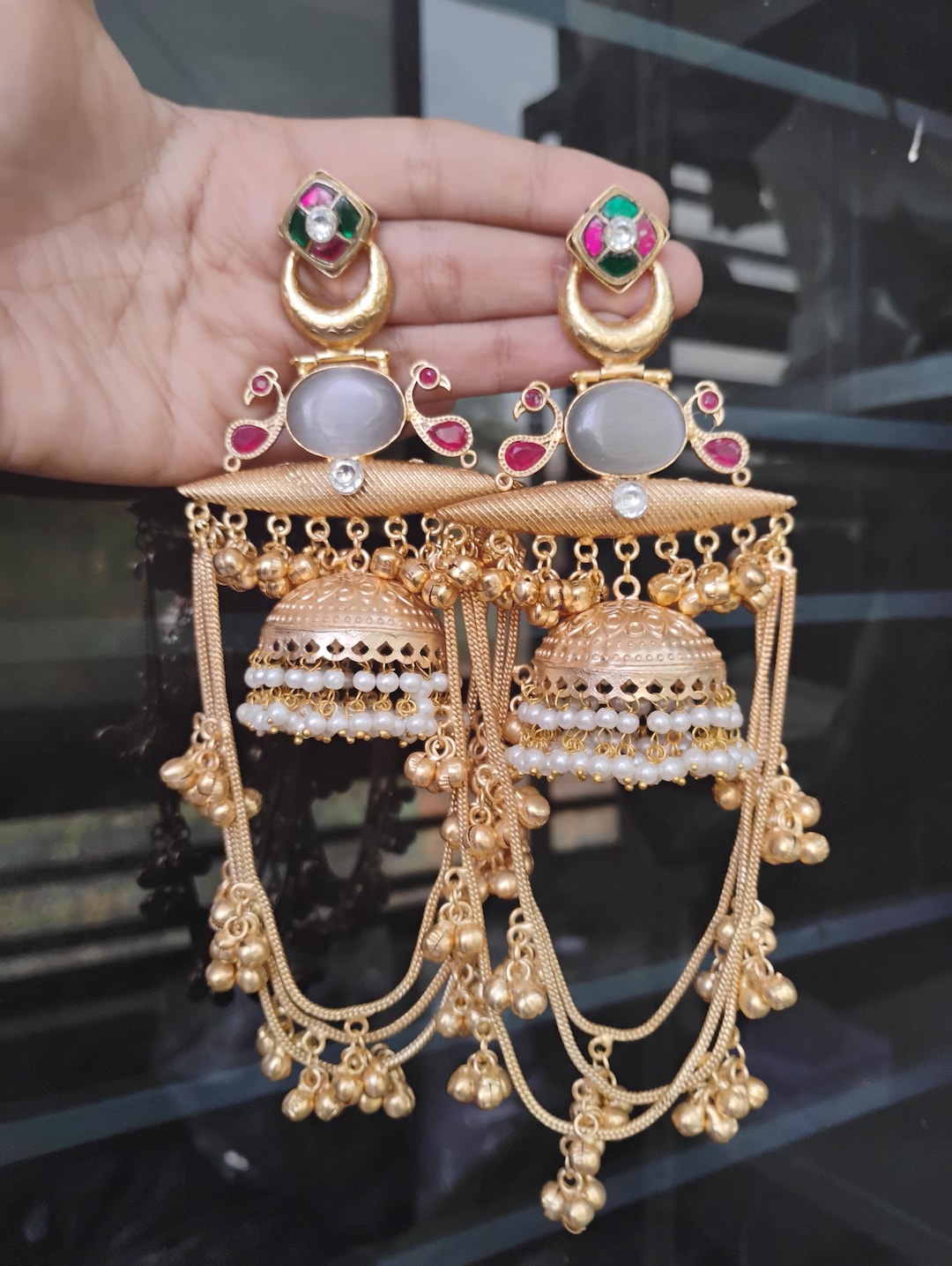 Kundan Jhumka Earrings: Long Chain Kashmiri Style - Handmade - Etsy