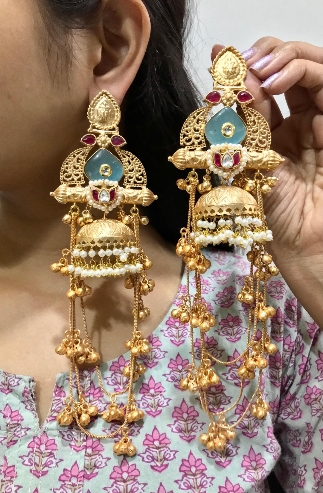 Rounded Long Chain Kashmiri Style Pacchi Kundan and Stone Jhumka ...
