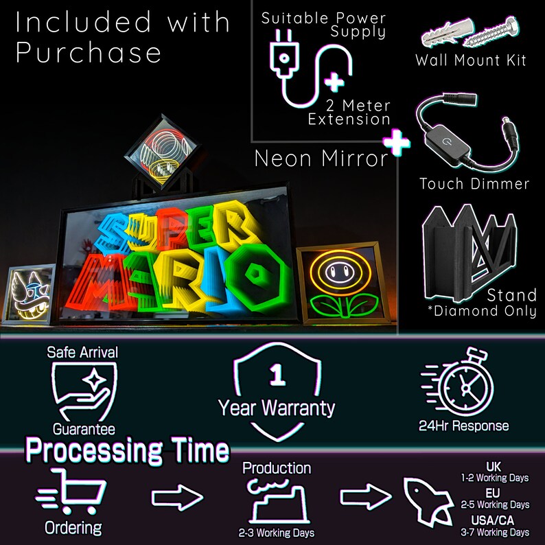 Super Mario Power-up Sunflower Neon Mirror Customizable Infinity Mirror ...