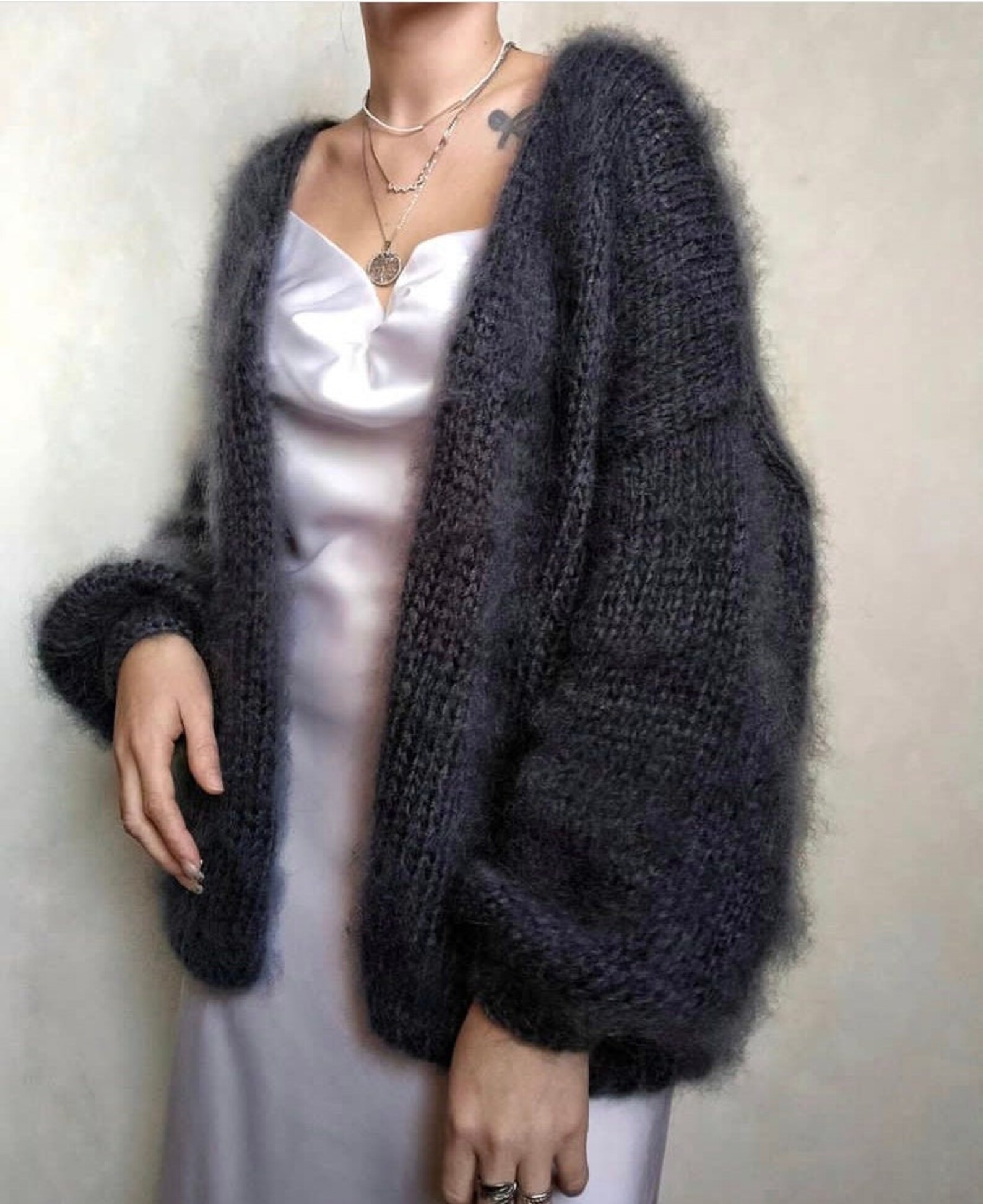 White Cardigan Fluffy Mohair Bomber, Open Front Cardigan, Knit Sweater ...