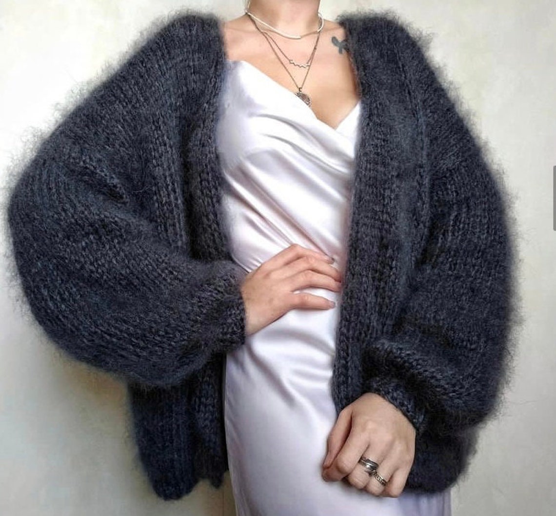 White Cardigan Fluffy Mohair Bomber, Open Front Cardigan, Knit Sweater ...