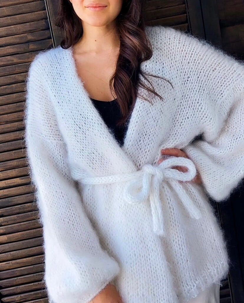 White Cardigan Fluffy Mohair Bomber, Open Front Cardigan, Knit Sweater ...