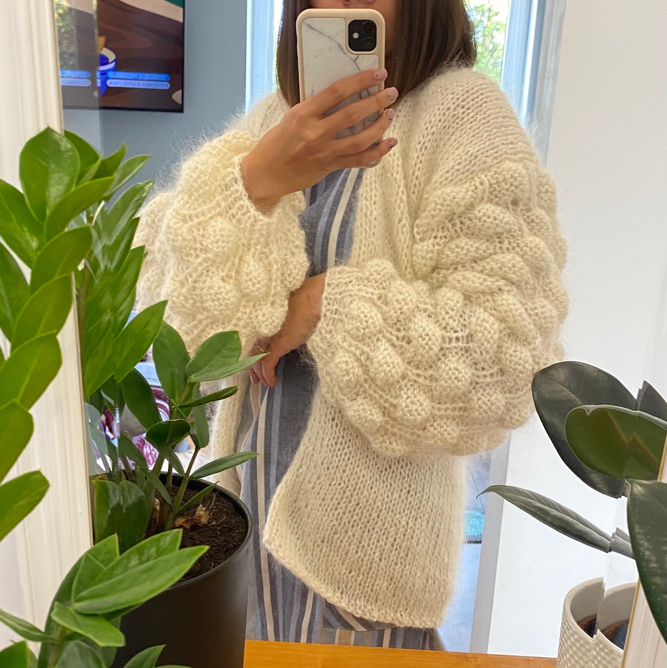 White Bubbles Cardigan Fluffy Mohair Bomber, Open Front Cardigan, Knit ...