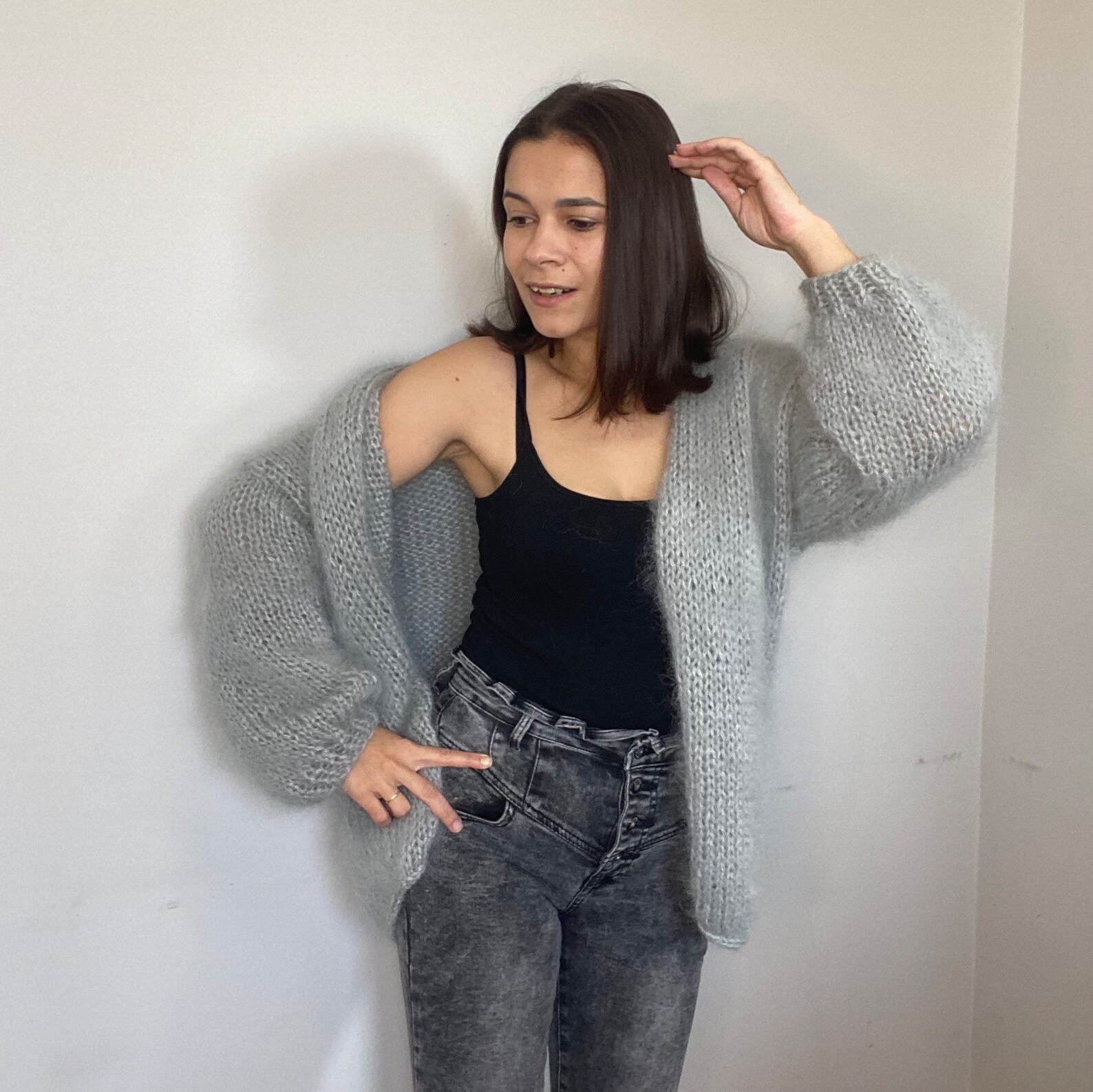 White Cardigan Fluffy Mohair Bomber, Open Front Cardigan, Knit Sweater ...
