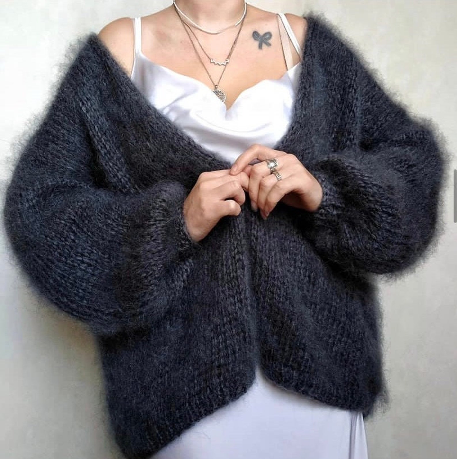 White Cardigan Fluffy Mohair Bomber, Open Front Cardigan, Knit Sweater ...