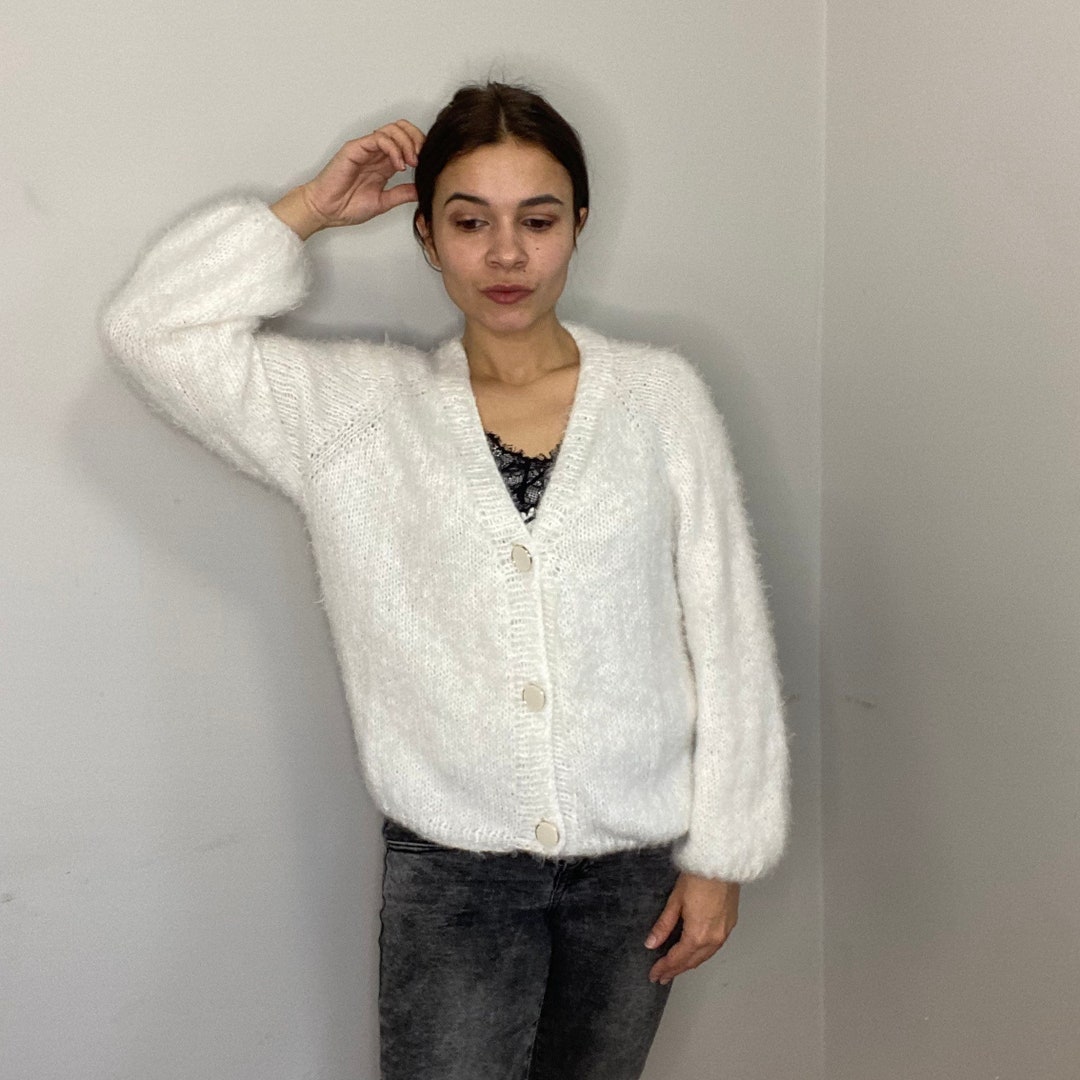 White Cardigan Fluffy Mohair Bomber Open Front Cardigan Knit - Etsy