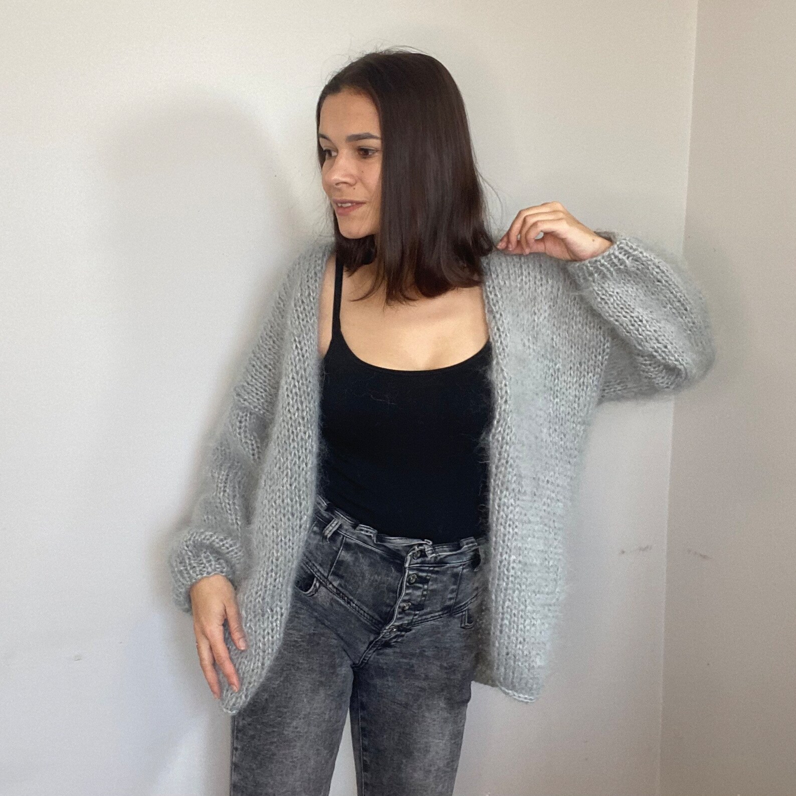 White Cardigan Fluffy Mohair Bomber, Open Front Cardigan, Knit Sweater ...