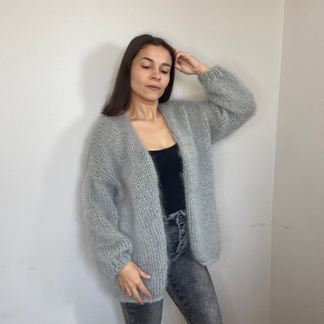 White Cardigan Fluffy Mohair Bomber, Open Front Cardigan, Knit Sweater ...