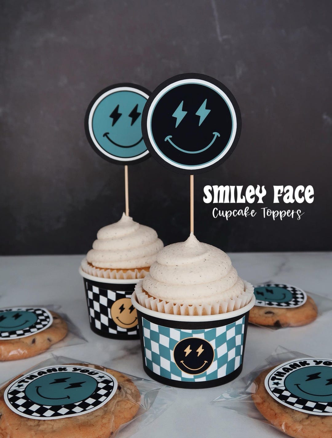 Smiley Face Cup Cake Toppers, Birthday Cake Toppers, Party Decor, Happy ...