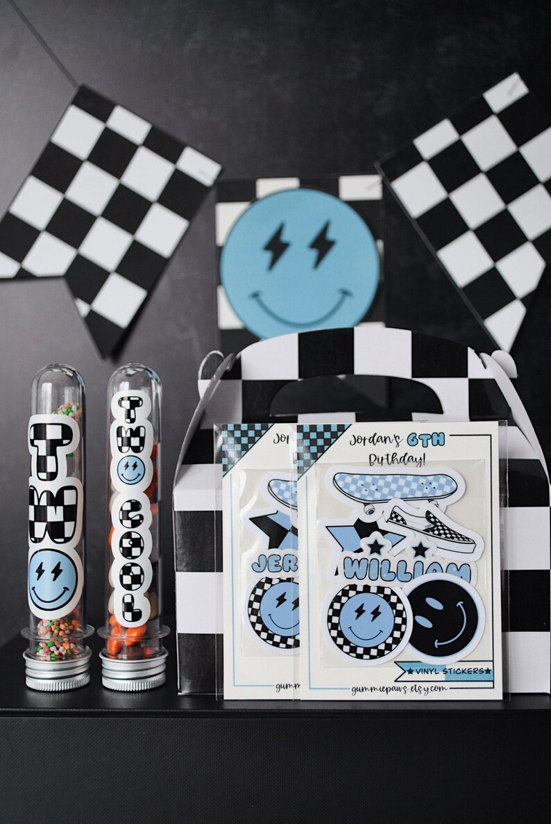 Personalized Birthday Favors, Waterproof Vinyl Stickers, Smiley Face ...