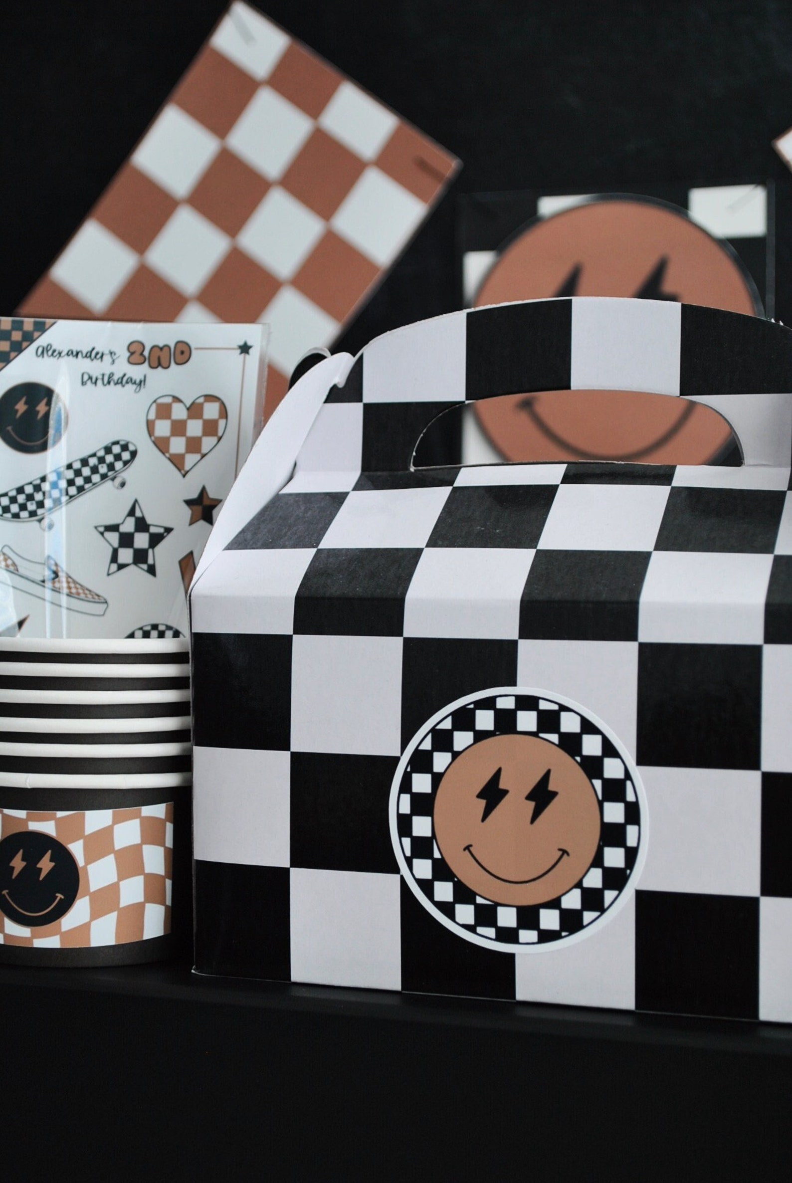 One Happy Dude, White Black Brown Checkered Labels, Smiley Face ...