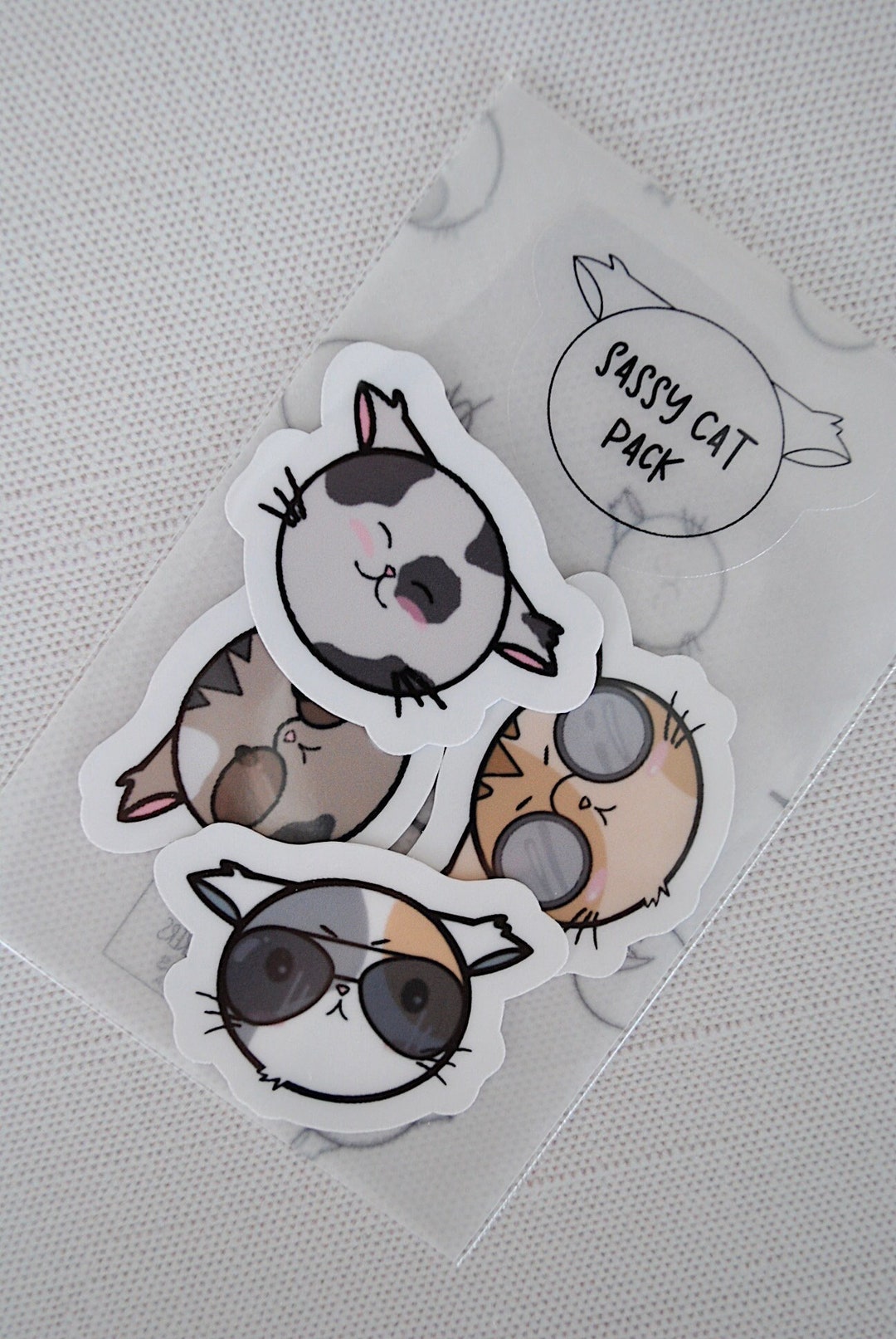 Cute Kawaii Sassy Cat Head Sticker Pack, Cat With Glasses Sticker, Gift ...
