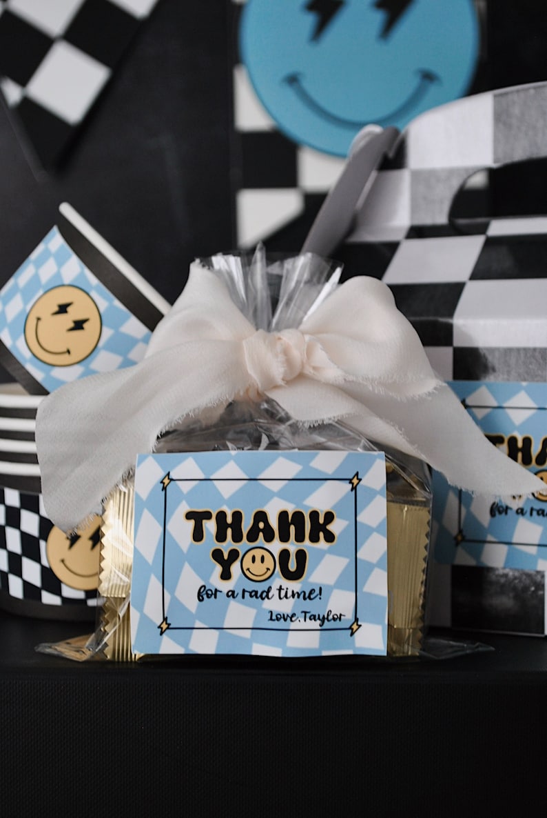 Custom Birthday Thank You Sticker Labels, Smiley Face, Lightning Bolt ...