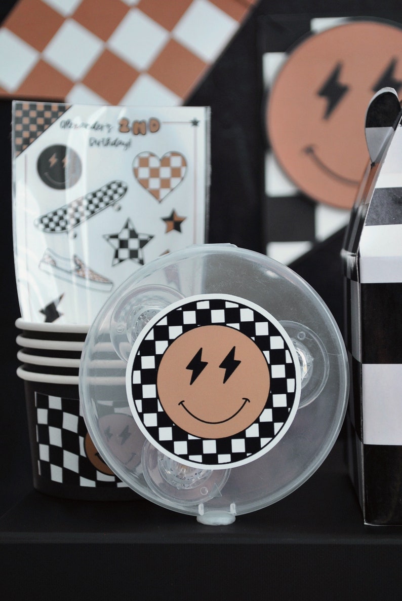 One Happy Dude, White Black Brown Checkered Labels, Smiley Face ...