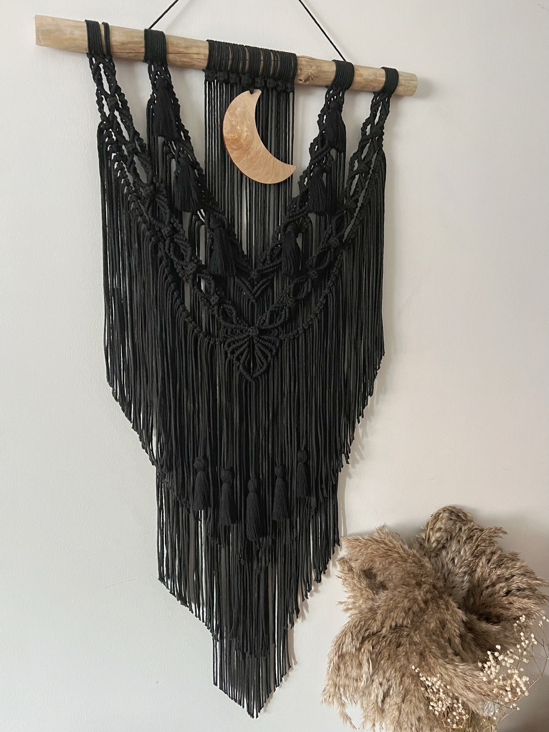 Extra Long Macrame Wall Hanging With Wooden Moon Black - Etsy UK