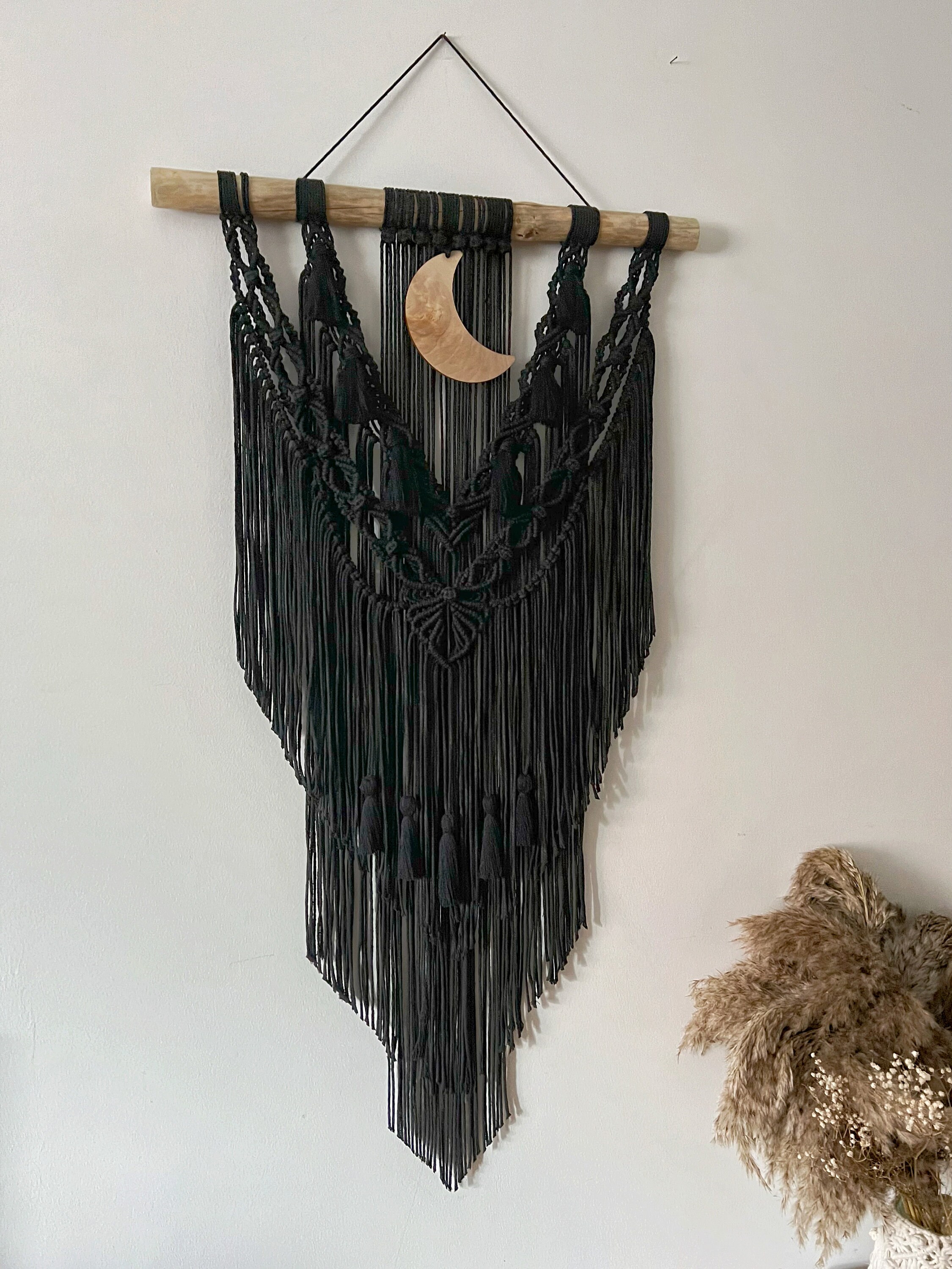 Extra Long Macrame Wall Hanging With Wooden Moon Black - Etsy UK