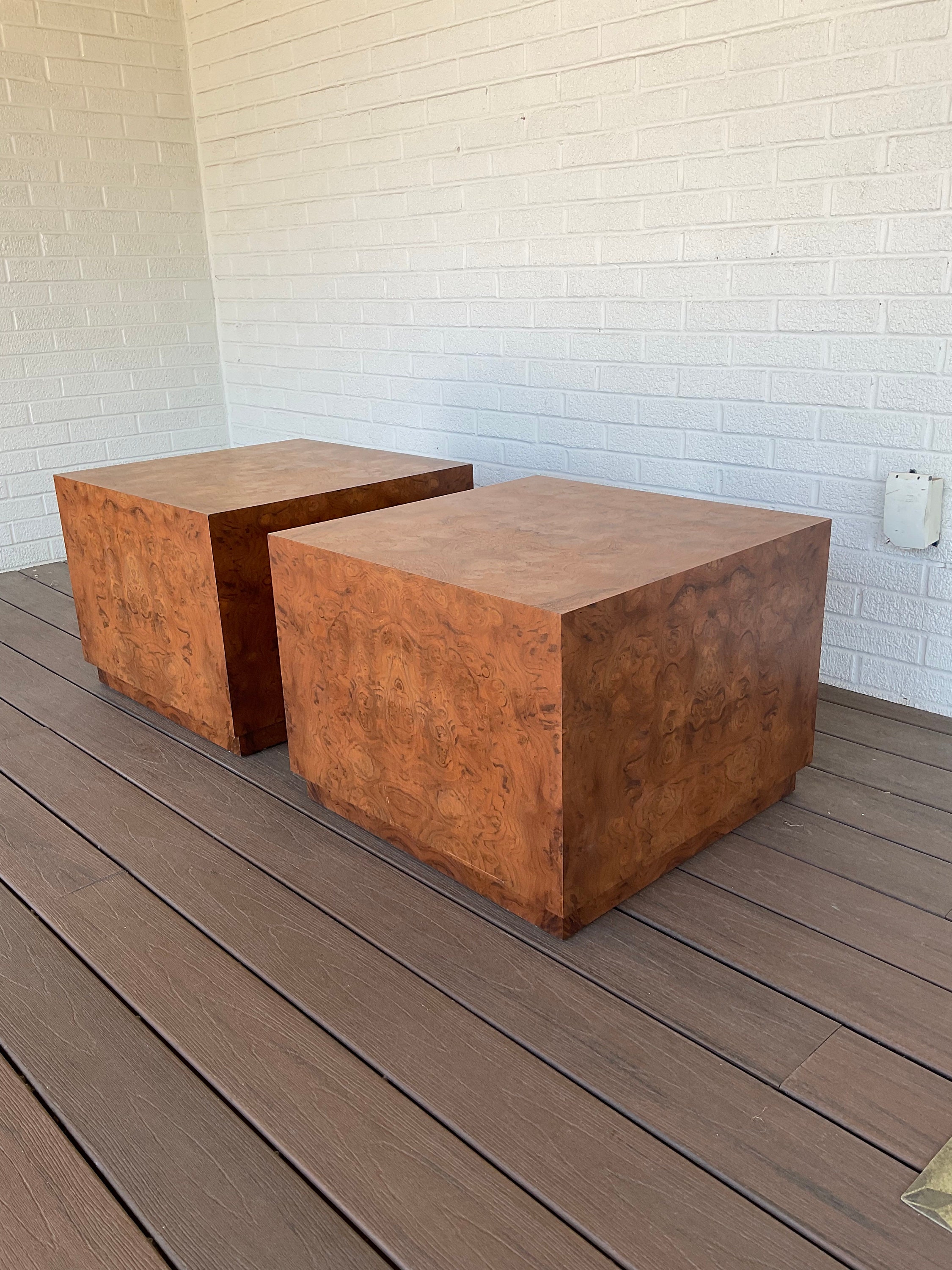 Pair of Burled Wood Floating Cube Tables on a Plinth Base - Etsy