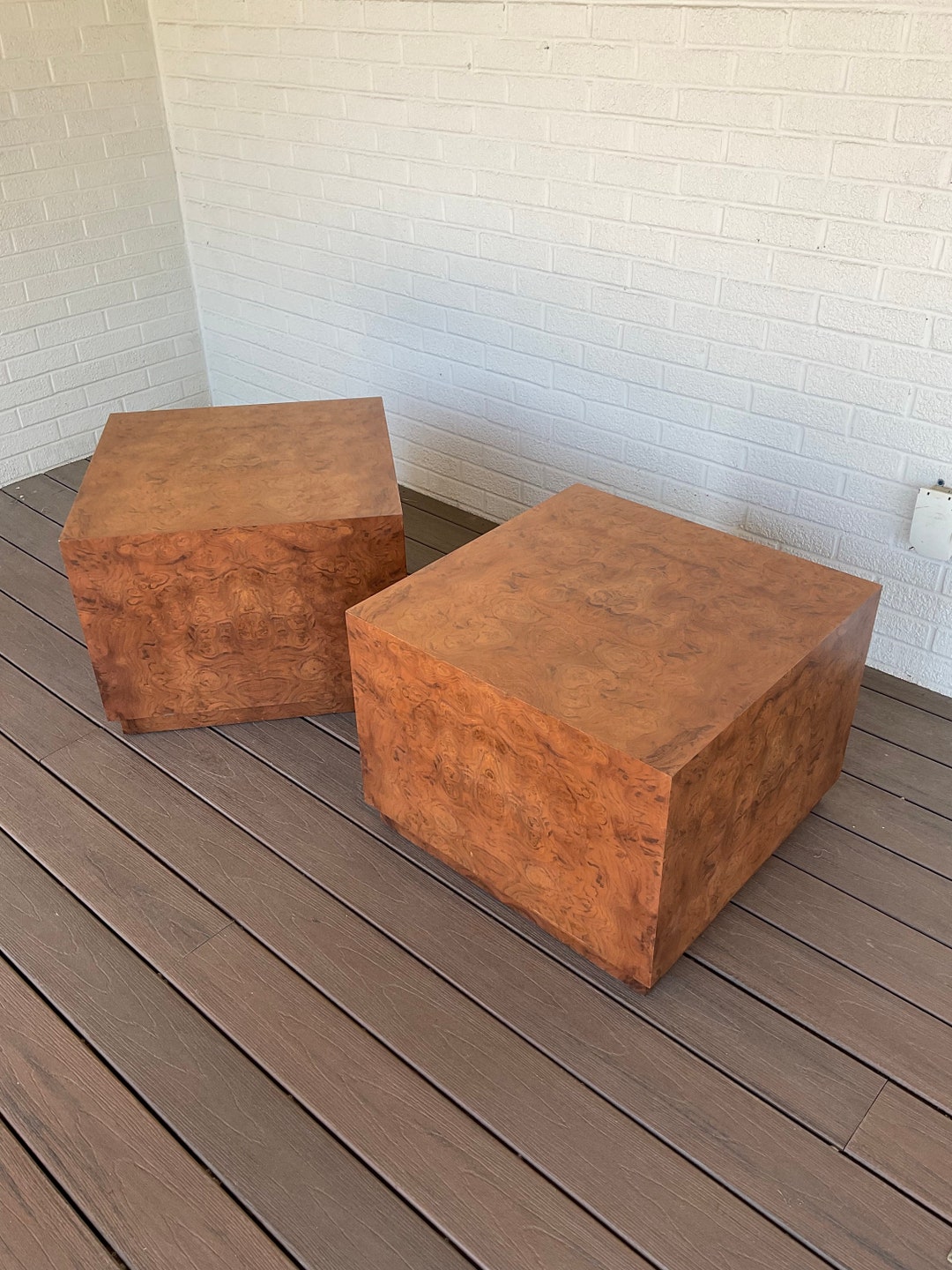 Pair of Burled Wood Floating Cube Tables on a Plinth Base - Etsy