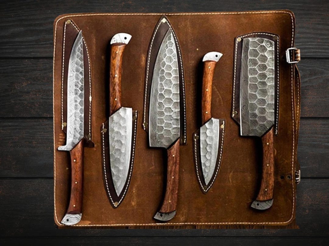 5pc Damascus Chef Knife Set – Hand-forged Kitchen Knives With Walnut ...