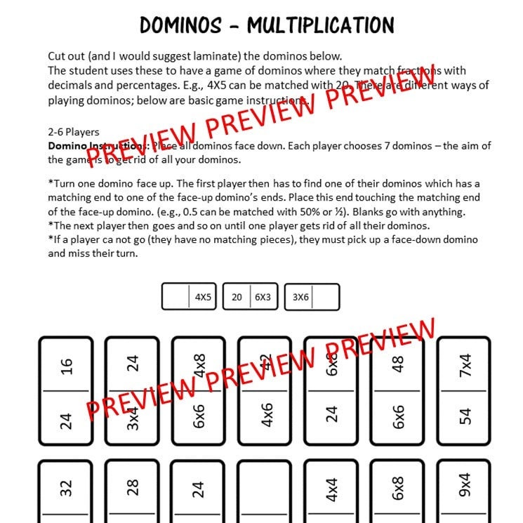 Printable Domino Maths Game. Multiplication and Converting Between ...