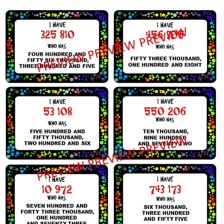 I Have Who Has Place Value Hundreds of Thousands - 100000. A Fun ...