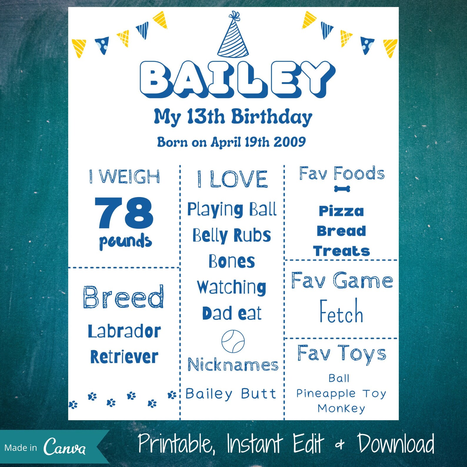Editable Dog Birthday Sign, 16x20 Printable Poster (digital Download ...