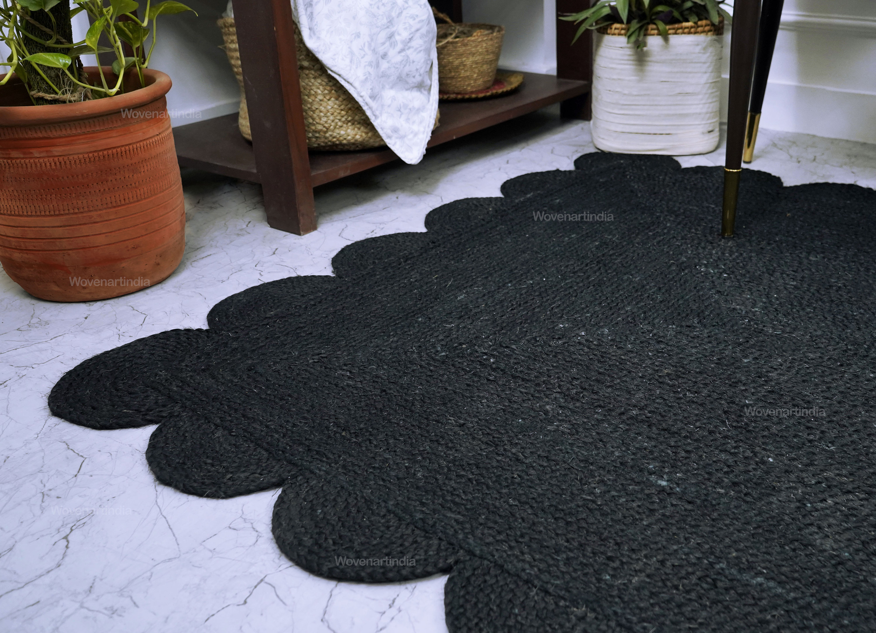 Natural Black Jute Rug, Scalloped Edge Bohemian Rug, Braided Jute Area ...