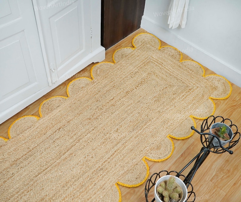 Alfombra de área trenzada, alfombra de yute natural festoneada ...