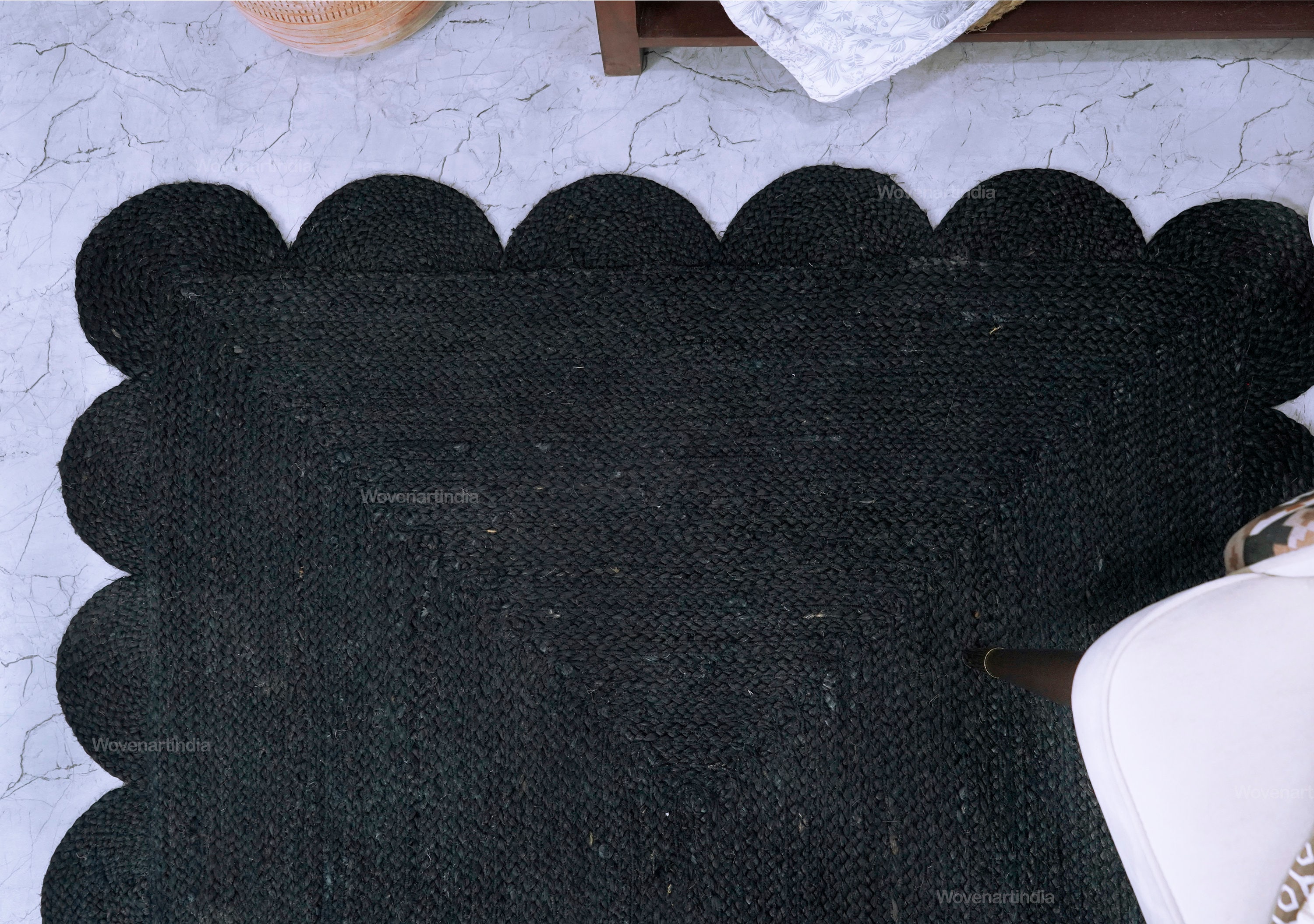 Natural Black Jute Rug, Scalloped Edge Bohemian Rug, Braided Jute Area ...