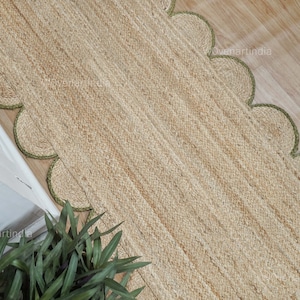 Braided Area Runner, Scallop Natural Jute Runner, Green Scalloped Edge ...