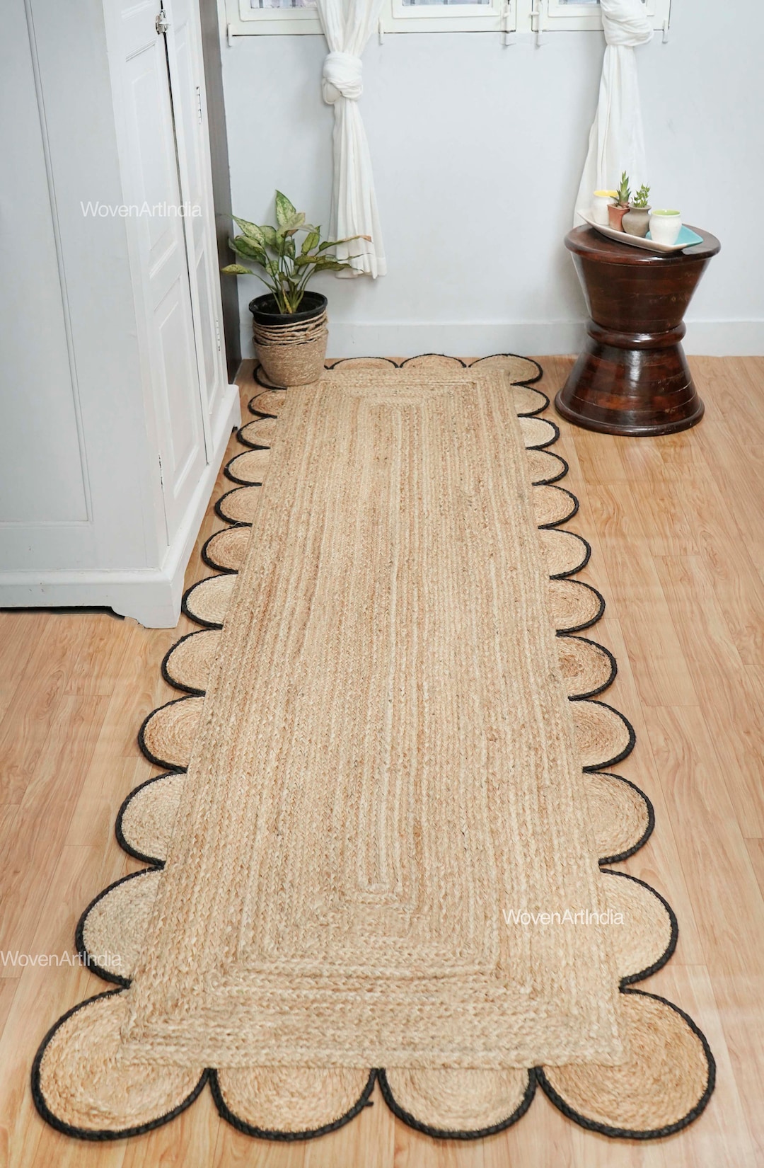 Braided Area Runner, Scallop Natural Jute Runner, Black Scalloped Edge ...