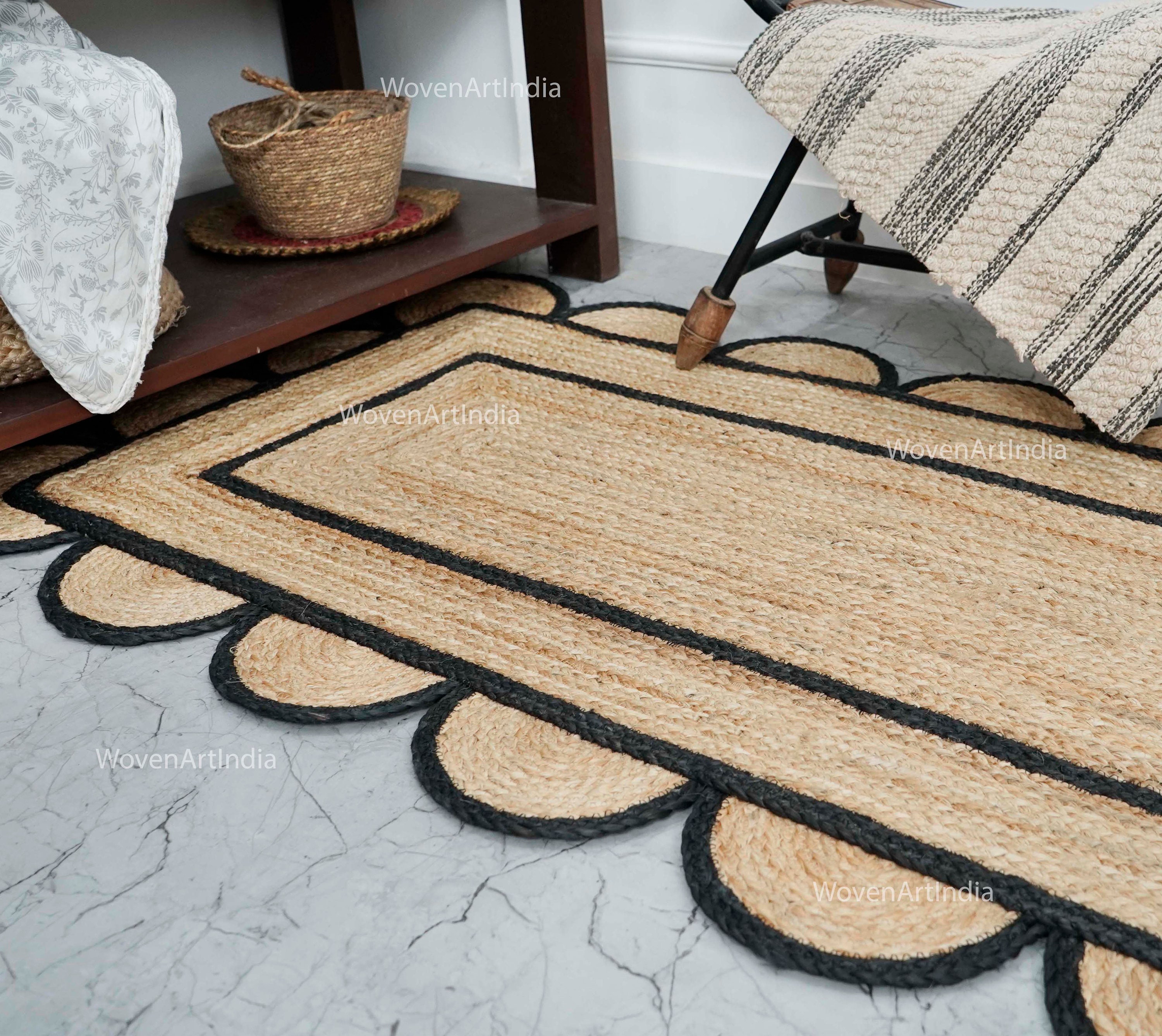 Jute Rug, Scallop Natural Jute Runner, Black Scalloped Edge Runner ...