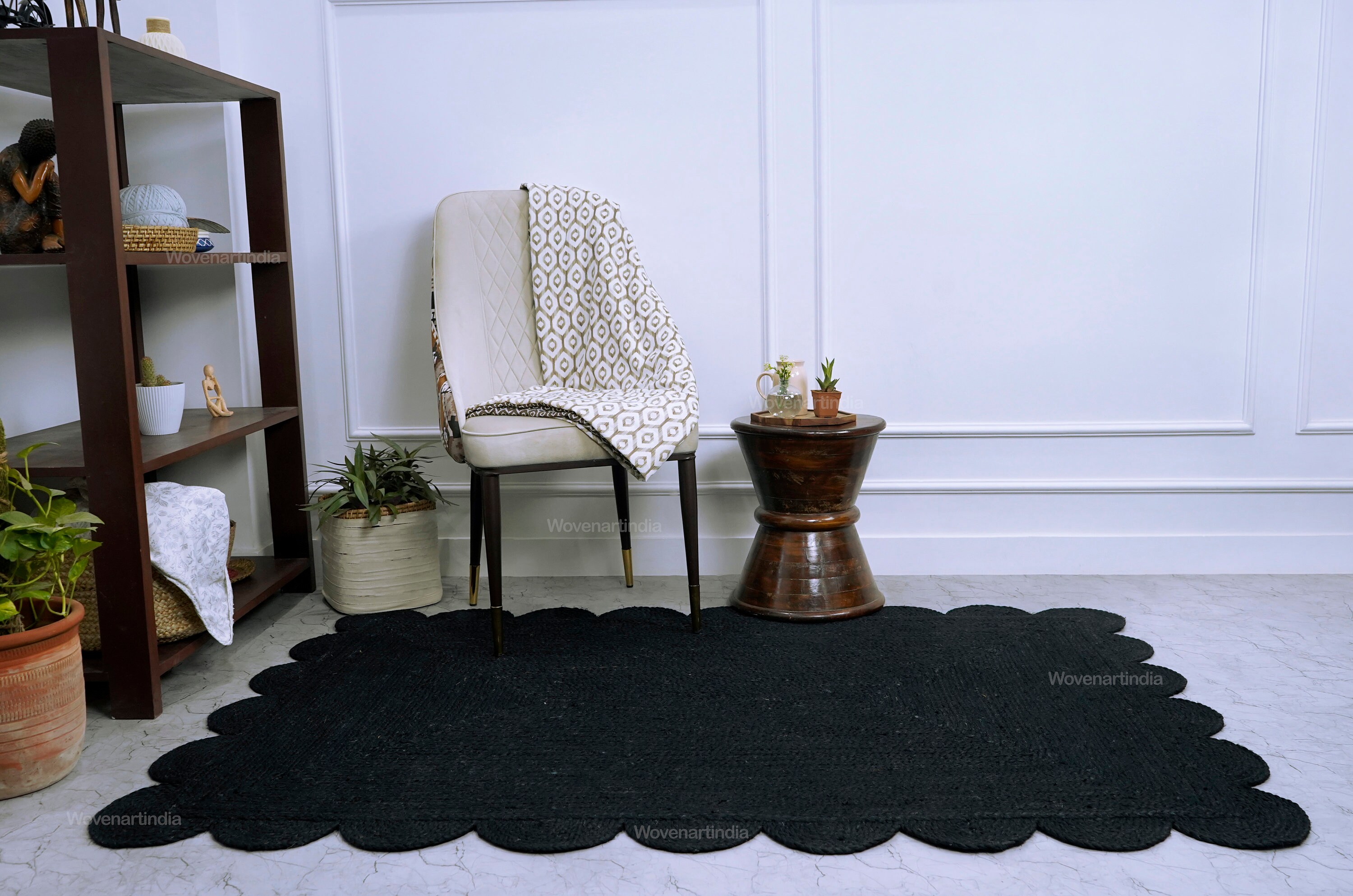Natural Black Jute Rug, Scalloped Edge Bohemian Rug, Braided Jute Area ...