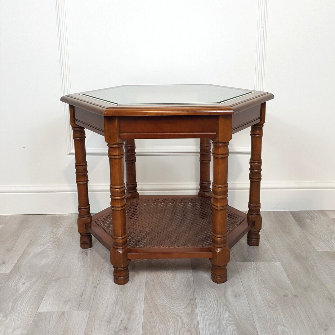 Mahogany Hexagonal Glass Top Accent Table With Caned Shelf F230 - Etsy